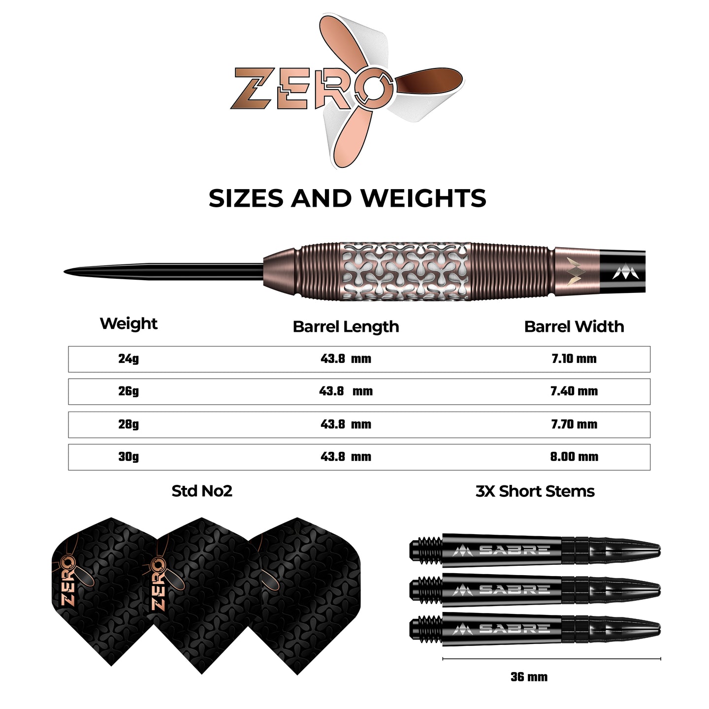 Zero Steel Tip Tungsten Darts – 97.5% Tungsten – Bronze PVD – Mission Darts